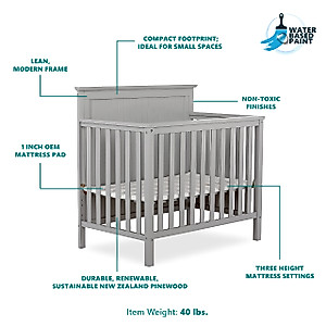 Dream On Me Ava 4-in-1 Convertible Mini Crib in Pebble Grey, 635-PG, Greenguard Gold Certified, Non-Toxic Finish, Comes with 1" Mattress Pad, with 3 Mattress Height Settings