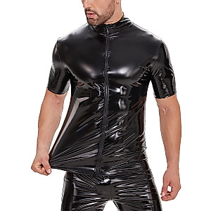 Men Sexy Leather Shirt, Glossy, Plus Size, Full Zipper, Short Sleeve, Shiny Latex Coat For Male, Red