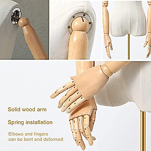 Female Mannequin Dress Form Torso, Display Mannequin Body with Detachable Head, Wooden Hands and Golden Adjustable Height Stand, for Dress Jewelry Display, Beige (Gold)