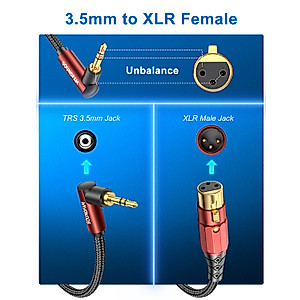 SOUNDFAM 3.5mm to XLR Premium Microphone Cable 6FT, 90 Degree Right Angle 3.5mm(TRS,1/8 Inch,Aux) Male to XLR Female Unbalanced Interconnection Cable for Microphone, Sound Card, Camcorder & More