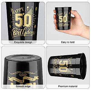 Shojoy 40 Pack Happy 50 Birthday Party Cups Black and Gold Birthday Stadium Cups 8 Ounces Reusable Plastic Tumblers for Birthday Anniversary Party Supplies Decors