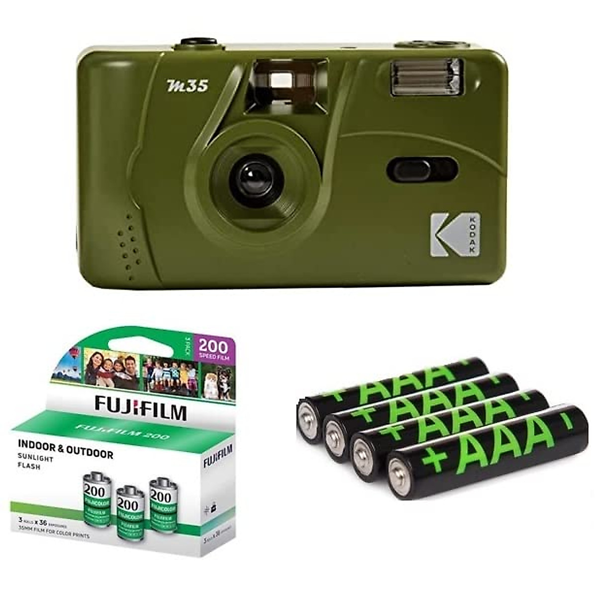 Kodak M35 35mm Film Camera, Film and Battery Bundle: Includes 3 Packs of Fujifilm Color Negative Films (36 Exposures Each), 4 Pack AAA Alkaline Batteries (Olive Green)
