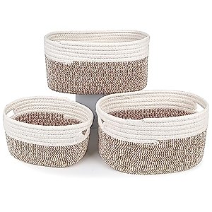 Storage Baskets for Shelves, Set of 3 Storage Baskets with Handles for Living Room, Bathroom Nursery Shelves (Mixed Camel+White)