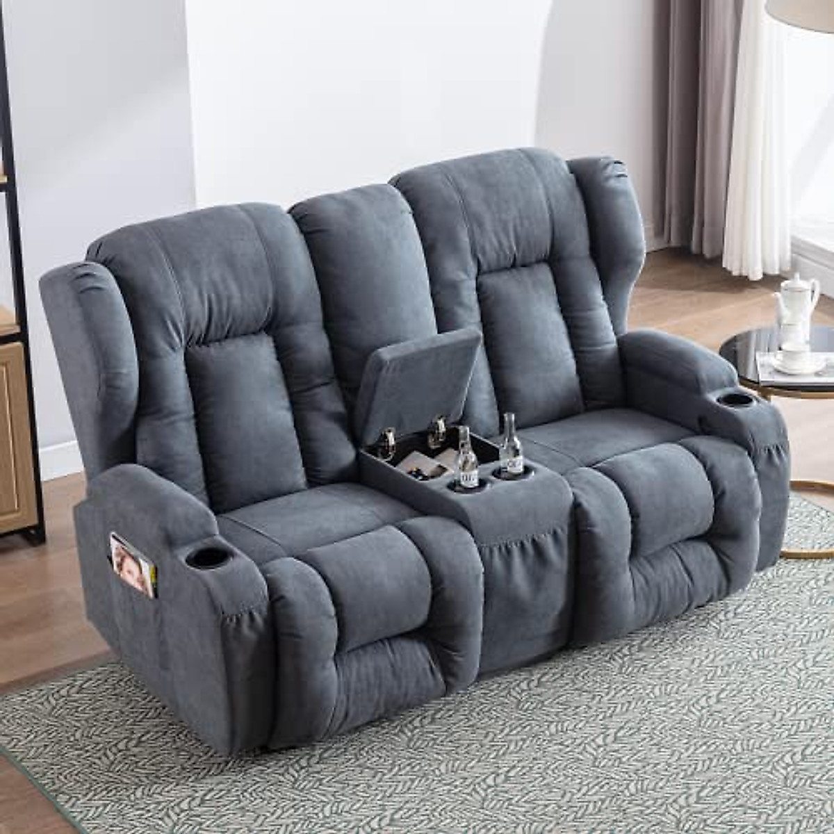 URRED Manual Recliner loveseat Chair with Console for Living Room Modern Manual-Pull Recliner Sofa Home Theater Lounge with Cup Holder,Storage for Home Theater Office (Blue-Grey Loveseat)