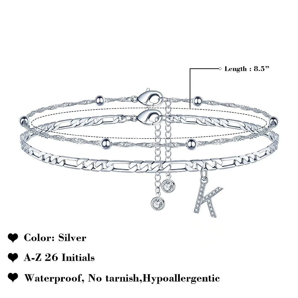 Ursteel Ankle Bracelets for Women, Silver Anklets for Women Dainty Layered Chain Letter K Initial Anklet for Women Ankle Bracelet Summer Foot Jewelry Gifts for Women