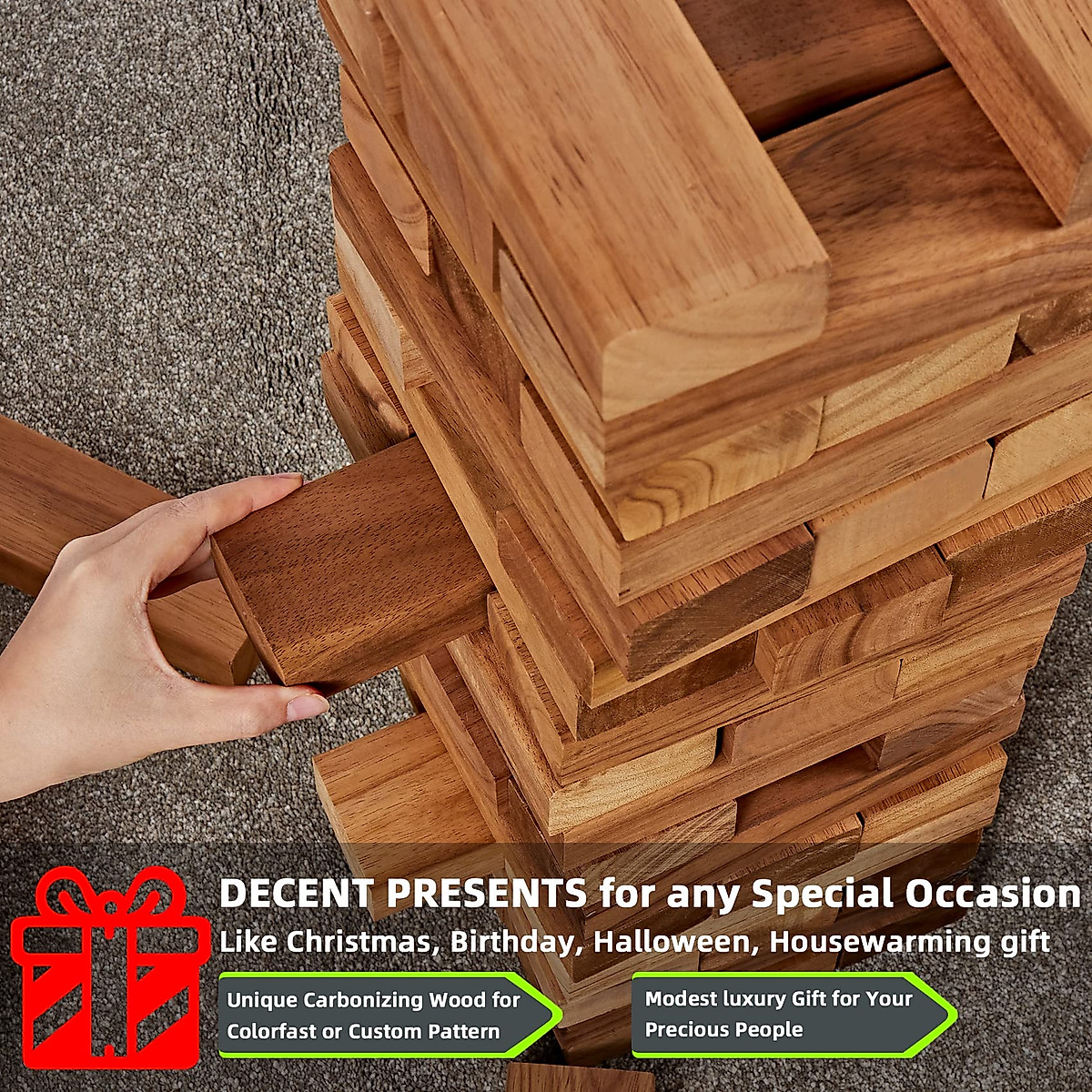 Pointyard 56PCS Giant Tumble Tower [Stack to 5FT+], Carbonized Pine Wooden Tumble Timber Game Set for Teens Adults Family - Classic Stacking Block Party Game with 1 Dice | Scoreboard | Carry Bag