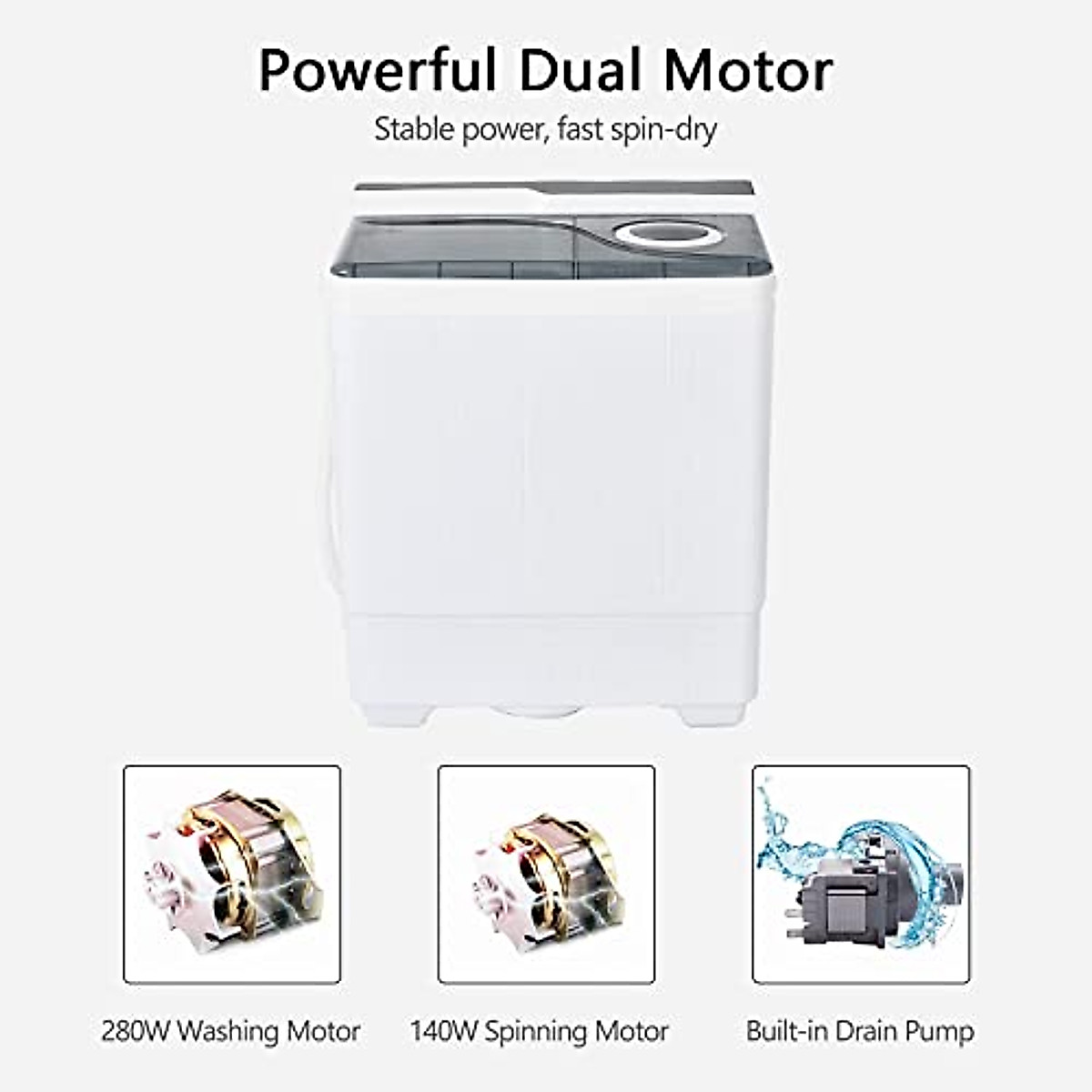 Mayjooy Portable Washing Machine, 26lbs Twin Tub Washer (18lbs) & Spinner (8lbs) Combo, Compact Laundry Machine w/3 Control Knobs, Timer Function & Built-in Drain Pump, for Apartment/RV/Dorm (Grey)