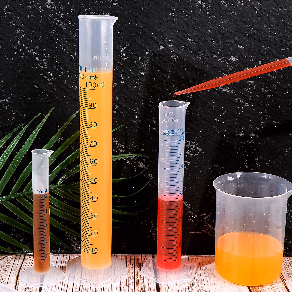 23Pcs Plastic Graduated Cylinders Beakers Set- 6 Clear Plastic Graduated Cylinders 25/50/100/250/500/1000ml, 4 Plastic Beakers 10/25/50/100ml with 8 Plastic Droppers and 5 Stirring Rod