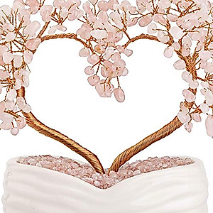 Jovivi Rose Quartz Crystal Heart Money Tree Healing Gemstone Bonsai Ornament for Wedding Ceremony Reiki Balancing Energy Meditation Feng Shui Wealth & Good Luck Home Indoor Office Decor 7.87"-8.26"