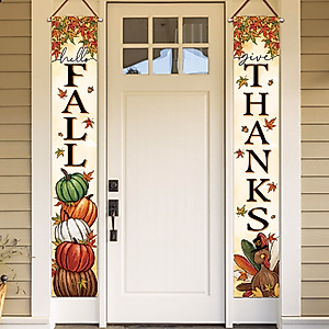 Deroro Thanksgiving Hello Fall Pumpkin Porch Banner Sign, Autumn Give Thanks Turkey Front Door Decorative Hanging Welcome Banner Flag, Maple Leaves Farmhouse Decoration Home Outdoor Yard Decor