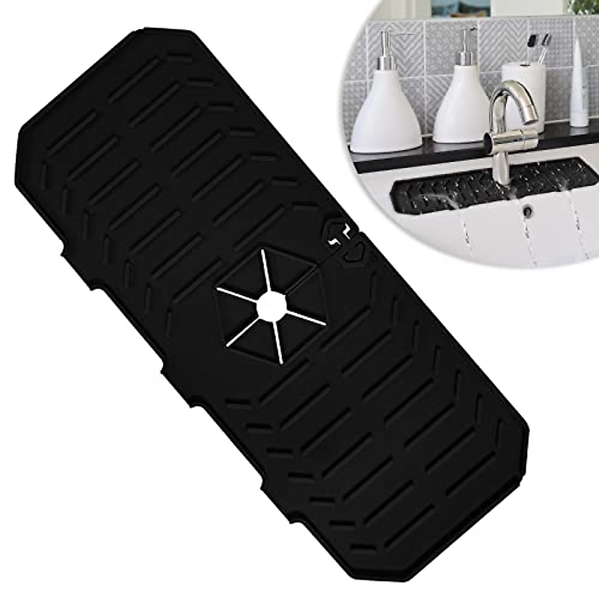 DIVIVID Silicone Faucet Handle Drip Catcher Tray, Faucet Mat for Kitchen Sink Splash Guard Behind Faucet for or Bathroom Farmhouse Bar Countertop RV(Black), 14.6x5.9x0.2