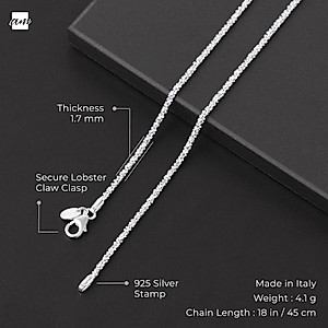 Amberta Italian 925 Sterling Silver Diamond Chain for Women - 1.7 mm Snow/Rock Silver Chain Necklace: 18 inch/ 45 cm Silver Choker Necklace