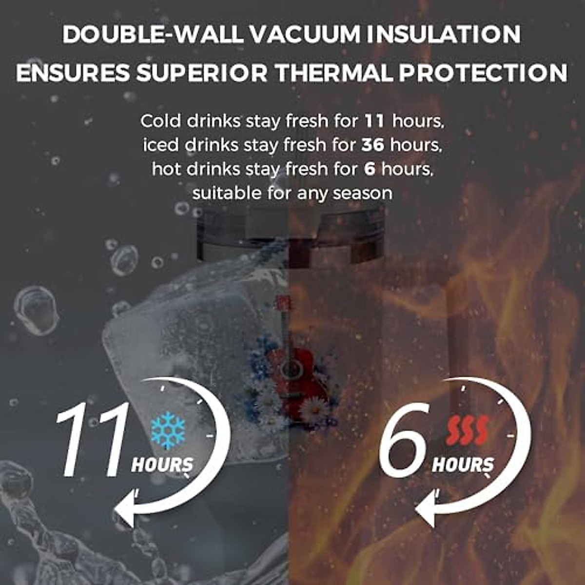 LB LEOBON 40 ounce insulated cup with handle, double-layer vacuum stainless steel material, equipped with straw, can keep warm or maintain cold drinks Daisy Guitar Deep purple