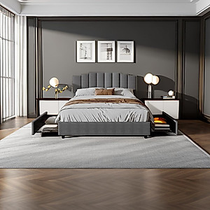 MegaChunk Queen Size Upholstered Linen Platform Bed Frame with 2 Under-Bed Drawers, Padded Headboard with Rivets Design, Strong Bed Slats System, No Box Spring Needed, Grey