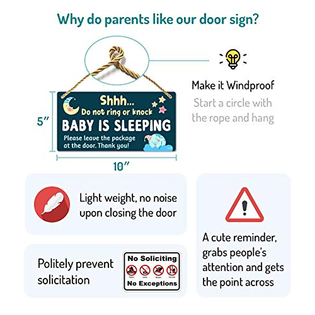 Funplus Baby Sleeping Sign for Front Door - Do Not Knock or Ring - 10″x5″ PVC Plastic Hanging Sign，Please do not knock or ring the bell, it upsets the dog, which upsets the baby, which upsets mom
