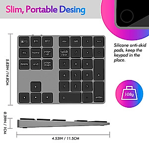 Foloda Bluetooth Number Pad: Wireless BT Numeric Keypad, Multi-Devices Rechargeable USB C Numpad, 34 Keys Financial Accounting Extensions Data Entry Keyboard for Laptop, PC, iMac, MacBook, Notebook
