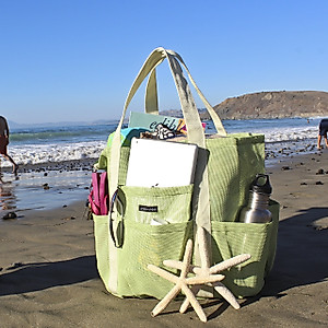 Zoie + Chloe Beach Mesh Tote Bag - 8 Pockets, Zipper, Key Hook & Carabiner