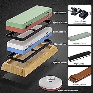 DDF iohEF Whetstone Sharpening Stone Kit 4 Side Grit 400/1000 3000/8000 Wet Stone Knife Sharpeners Set with Axe Sharpening, Angle Guide, Flattening Stone, Leather Strop, Non-Slip Bamboo Base