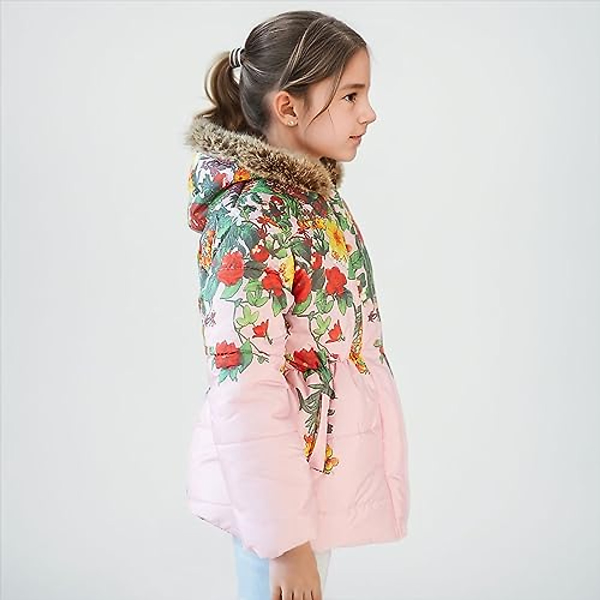 Girls Little Long Quilted Padded Light Puffer Coat Cotton Dress Warm Lined Coat Outer Clothing Bear Hoods Outerwear