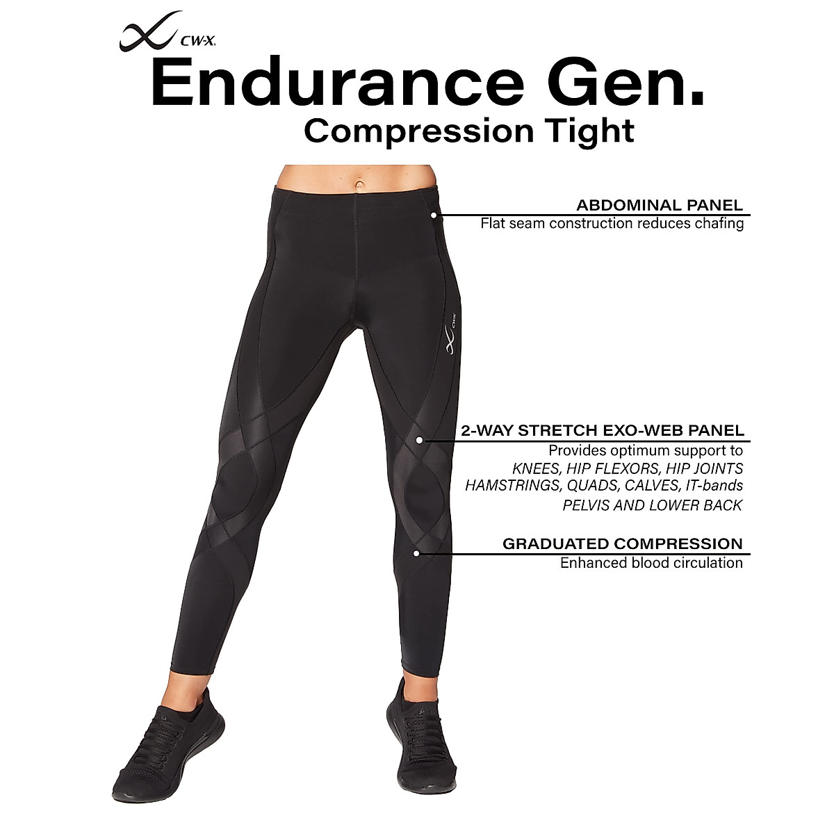 CW-X Women's Endurance Generator Joint and Muscle Support Compression Tight, High Performance Leggings for Running and Weight Lifting, Jet Black, X-Small