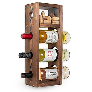 Rustic State Sonoma Countertop Wood Vertical Wine Rack with Cork Storage - Freestanding Tabletop Liquor Holder Shelf Organizer - Holds 3 Bottles - Home Kitchen Dining Room Bar Décor - Burnt Brown