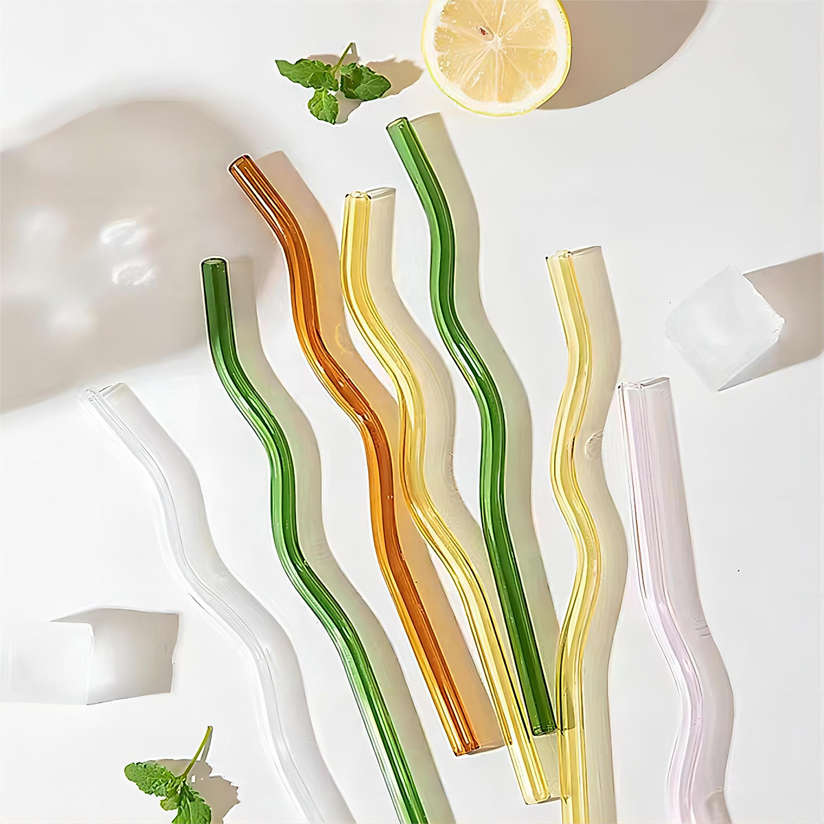 6 Pcs 7.87"×8mm Wavy Glass Straws, Reusable Colorful Glass Straws with 1 Cleaning Brush -Perfect For Juice, Tea, Coffee, Cocktails and Lemonade.