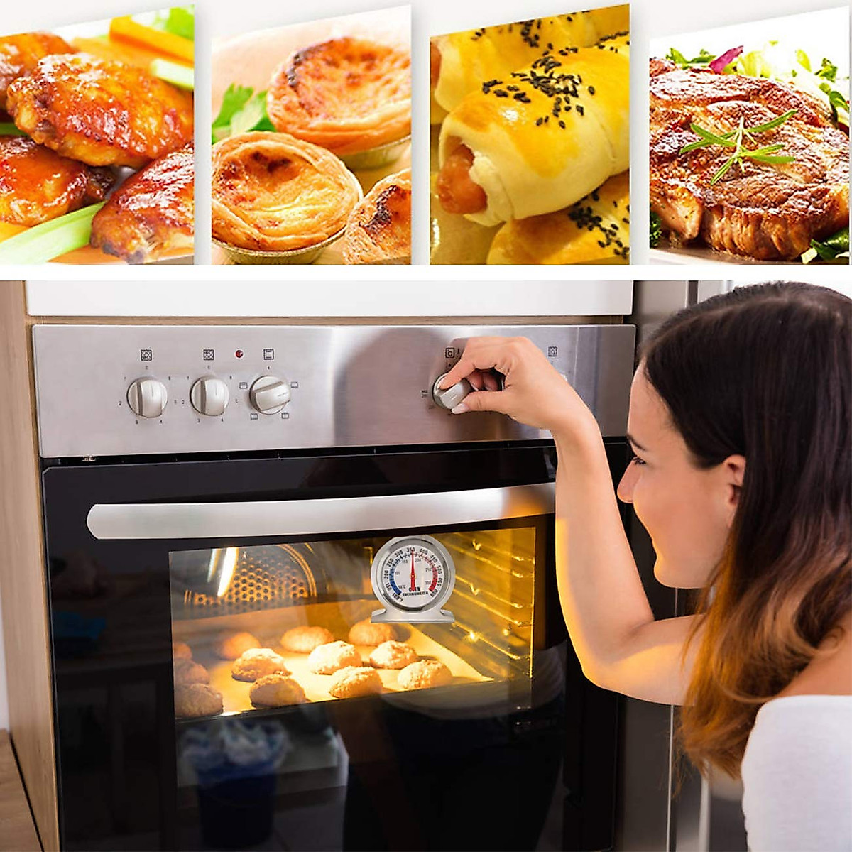 Oven Thermometer Oven Grill Fry Chef Smoker Thermometer Instant Read Stainless Steel Thermometer Kitchen Cooking Thermometer with Hook and Panel Base Hang For Kitchen Home Cooking Baking BBQ (2 Pack)