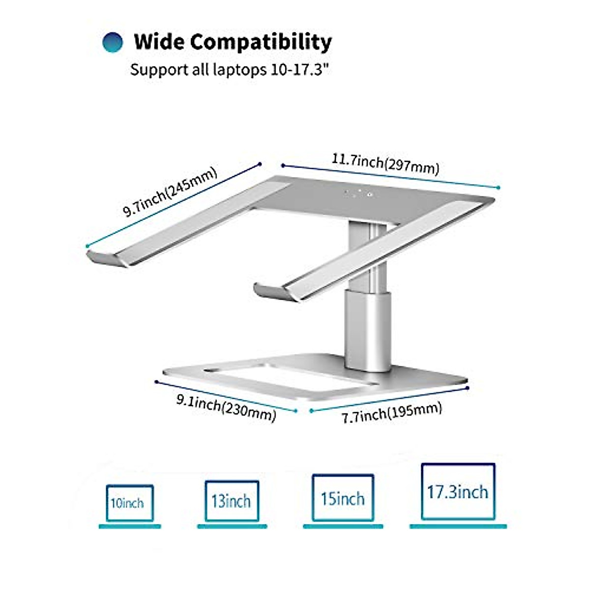 SOUNDANCE Adjustable Laptop Stand for Desk, Computer Stand, Ergonomic Laptop Riser Holder Compatible with 10 to 17.3 Inches Notebook PC Computer, Aluminum Silver
