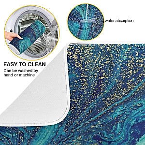 Marble Texture Blue Golden Dish Drying Mat 18x24 Inch Teal Turquoise Marbled Print Kitchen Counter Drying Mat Microfiber Dish Drying Rack Pad Reversible Dish Drainer Mats Washable Heat-Resistant