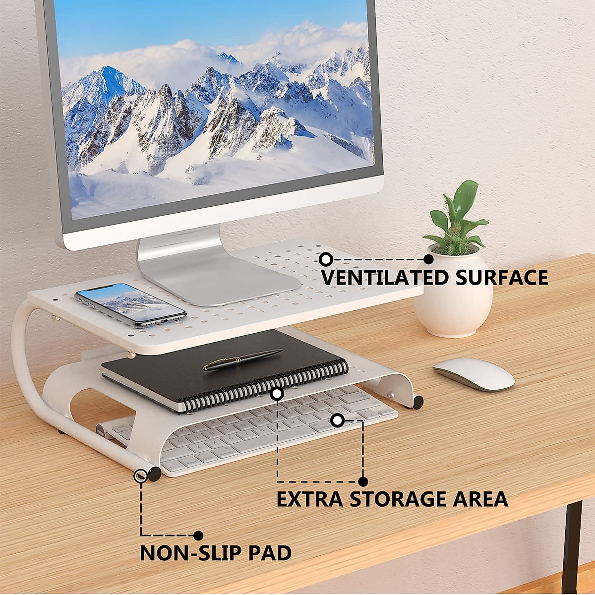 WALI Monitor Stand Riser, Desk Organizer with 2 Tiers Storage Shelf, Vented Metal Design for Laptop, Computer Monitor and Printer (STT001BW), 1 Pack, White