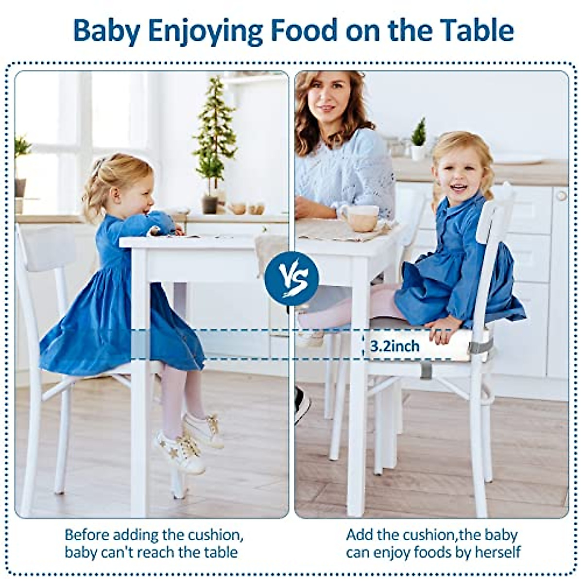 Toddler Booster Seat for Dining Table Chair,Non-Slip Bottom Baby Child Kid Booster Seat for Dining Table,2 Adjustable Straps,Portable Booster Seat for Table Travel Booster Seat for Toddler(Grey+White)