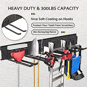 ROMATIA Garage Tool Organizer Wall Mount，Heavy Duty Tool Storage Rack，Garage Wall Organizer and Storage with 6 Garage Hooks for 300lbs Capacity