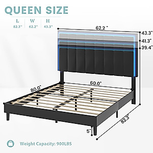 Hasuit Queen Bed Frame with Headboard and LED Light, Vegan Leather Platform Bed Queen Size with Charging Station, Upholstered Headboard Height Adjustable, Noise Free, Easy Assembly, Black