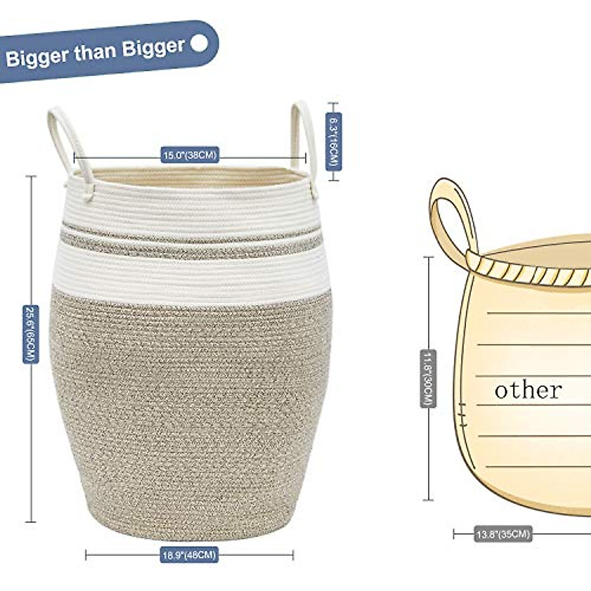 InfiBay Large Laundry Hamper | Tall Laundry Basket | Woven Cotton Rope Clothes Hamper | 25.6” Height Tall Dirty Clothes Hamper with Extended Handles in Bedroom, Bathroom or Living Room