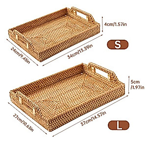 Rectangular Rattan Serving Tray with Handles, Handwoven Wicker Decorative Display Serving Platters for Coffee, Breakfast, Drinks, Snack Multi-Purpose Dining Table Desktop Organiser Tray(S)