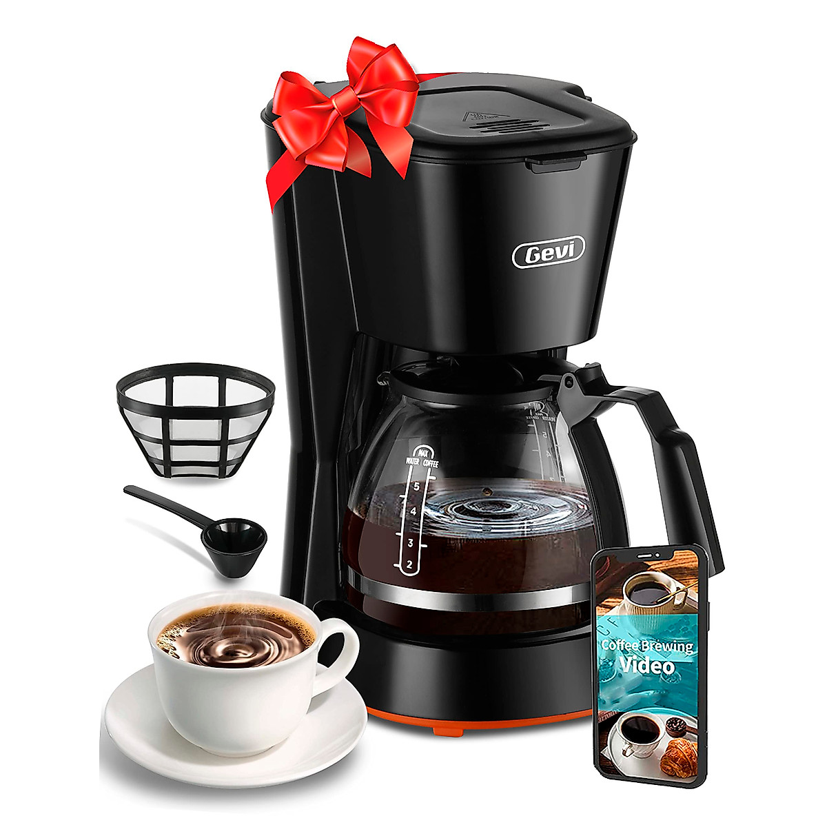 Gevi 5 Cups Small Coffee Maker, Compact Coffee Machine with Reusable Filter, Warming Plate and Coffee Pot for Home and Office