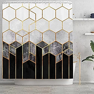AYULO 4 Pcs Black Marble Shower Curtain Set, Abstract Geometric Modern Bathroom Sets with Non-Slip Rugs, Toilet Lid Cover and Bath Mat,Shower Curtain with 12 Hooks