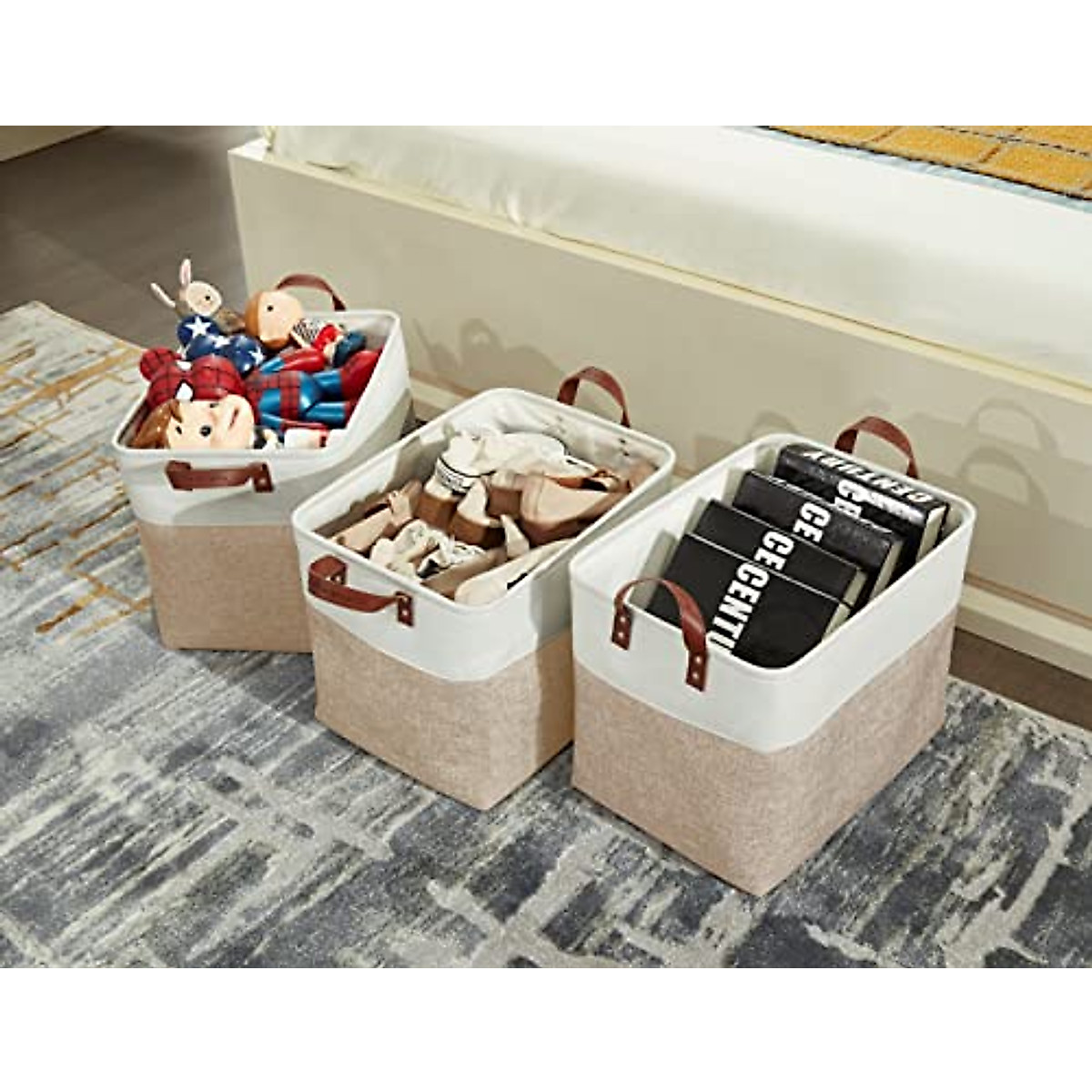 DECOMOMO Large Storage Baskets | Closet Storage Bins 17x12x13inch Canvas Baskets For Storage Laundry Nursery Toys Cloth Linen (Beige & White, XXL - 3 Pack)