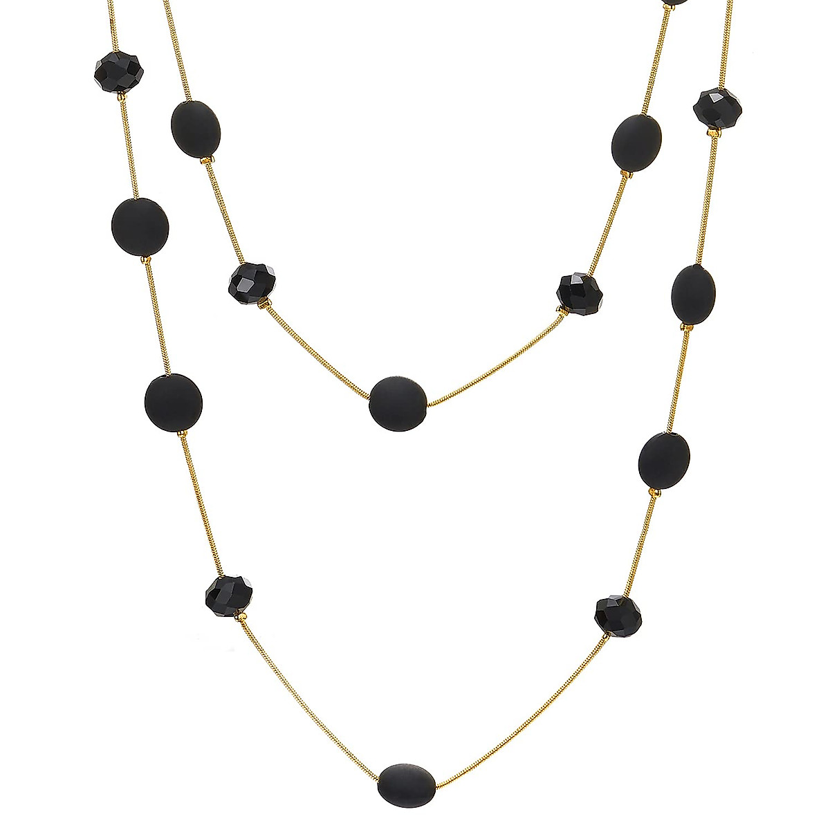 COOLSTEELANDBEYOND Gold Statement Necklace Two-Strand Long Chains with Black Resin Beads Charms Pendant, Dress Prom