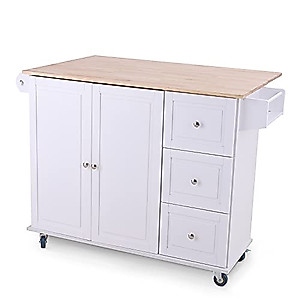 MAISON ARTS Storage Kitchen Island on Wheels with Drop Leaf Rolling Kitchen Cart with 2 Doors & 3 Drawers Rubber Wood Countertop, White