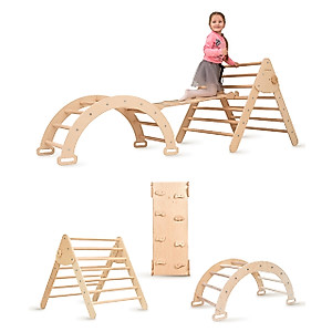 WoodandHearts Montessori Pikler Triangle Set, Baby Climbing-3 Piece Gym, Indoor Climbing Gym, Climbing Triangle Set for Toddlers, Climbing Toys for Toddlers in Natural Wood Color (3-8 Years)