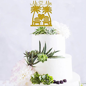Mr & Mrs Cake Topper Tropical Wedding Cake Decorations Palm Tree Chair Hawaii Beach Wedding Party Supplies Bride & Groom Travel Cake Toppers Gold Glitter