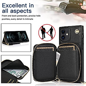 DEFBSC Crossbody Zipper Wallet iPhone 12 Mini Case, Square Wallet Case with Crossbody Chain Credit Card Holder Slot Shoulder Handbag Purse Wrist Strap Case for iPhone 12 Mini 5.4 Inch(Black)