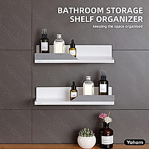 YOHOM White Adhesive Floating Shelf for Bathroom Tile Wall Stick on Shower Shelf Rack No Drilling Plastic Lightweight Shelf Organizer with Gray Guard