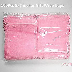 SQULIGT 100 Pcs Pink Organza Bags, 5 x 7 inches Christmas Wedding Favors Gift Drawstring Bags Jewelry Pouches Candy Mesh Pouches
