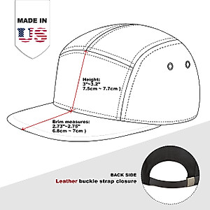 The Hat Depot Made in USA 5 Panel Genuine Leather Brass Closure Flat Brim Biker Cap (Black)