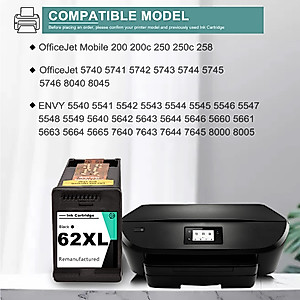 ASHD YECOLS Remanufactured Ink Cartridge Replacement for HP 62 62XL Use with OfficeJet 200 250 OfficeJet 5740 8040 5741 Envy 7640 5660 5540 7645 (Black 1-Pack), YC-62XL-1BK