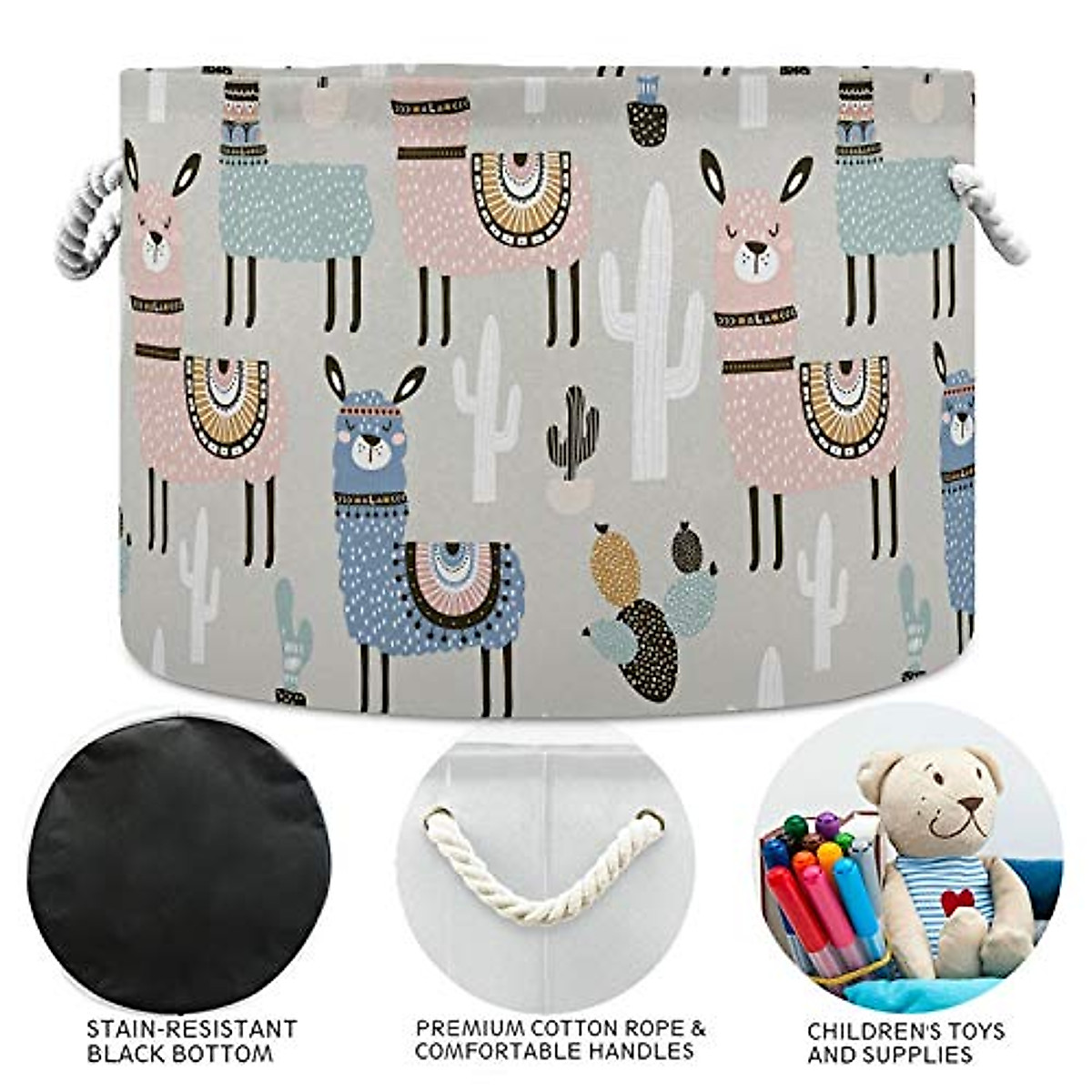 Large Round Storage Basket - Cactus Llama Canvas Home Organizational Solution Toy Storage Bin for Laundry Hamper,Toy Bins,Gift Baskets, Bedroom, Clothes,Baby Nursery