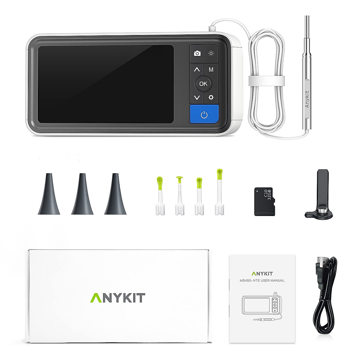 Digital Otoscope with 4.5 Inches Screen, Anykit 3.9mm Ear Camera with 6 LED Lights, 32GB Card, Ear Wax Removal Tool, Specula and 2500 mAh Rechargeable Battery, Supports Photo Snap and Video Recording