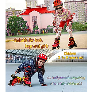 Quad Roller Skates for Kids Girls with Adjustable Size (Age 3-9), Double Brakes, Luminous Wheels, 3-Point Balance, Include Knee Pads Elbow Pads Wrist Guards